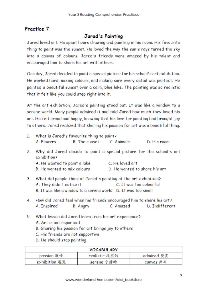 Reading Comprehension Practices Year 3 - Wonderland Home